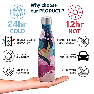 HiKupa 17 oz Insulated Bottle, Leak Proof Water Bottles, BPA Free, Double Wall Stainless Steel, Reusable Metal Sports Flask, Keep Hot 12+ Hours & Cold 24+ Hours (Pink - Geometric Pattern)