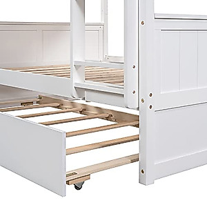 Merax Full Over Full Bunk Bed with Trundle,Wooden Trundle Bed Frame with Ladder Safety Guardrail,Convertible to 2 Platform Beds for Kids Teens,White