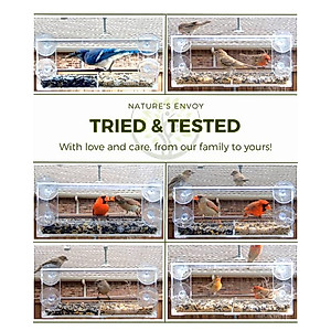 Nature's Envoy Window Bird Feeder – Clear View for Birdwatching - Strong Suction Cups for Outside - Slide Out Seed Tray w/Drain Holes for Easy Refill & Clean - Acrylic Outdoor Feeder for Wild Birds