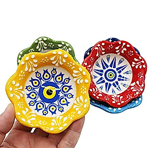 HeraCraft 6pcs Daisy Shaped Evil Eye Hand-Painted Ceramic Snack Bowls 3.74''/9.5cm-77ml/2.7 oz Decorative Nazar Design Multi-Purpose Cute Set - Pinch Sauce Dipping Finger Small Serving Bowls