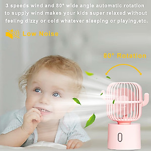 Growiner Cactus Fan, Cute Desk Fan Small Mini Office Desk Fan Quiet, 80 Degree Rotation USB Portable Fans 3 Speeds Strong Wind, Cactus Office Supplies, Personal Table Desktop Fan Decor (Green)