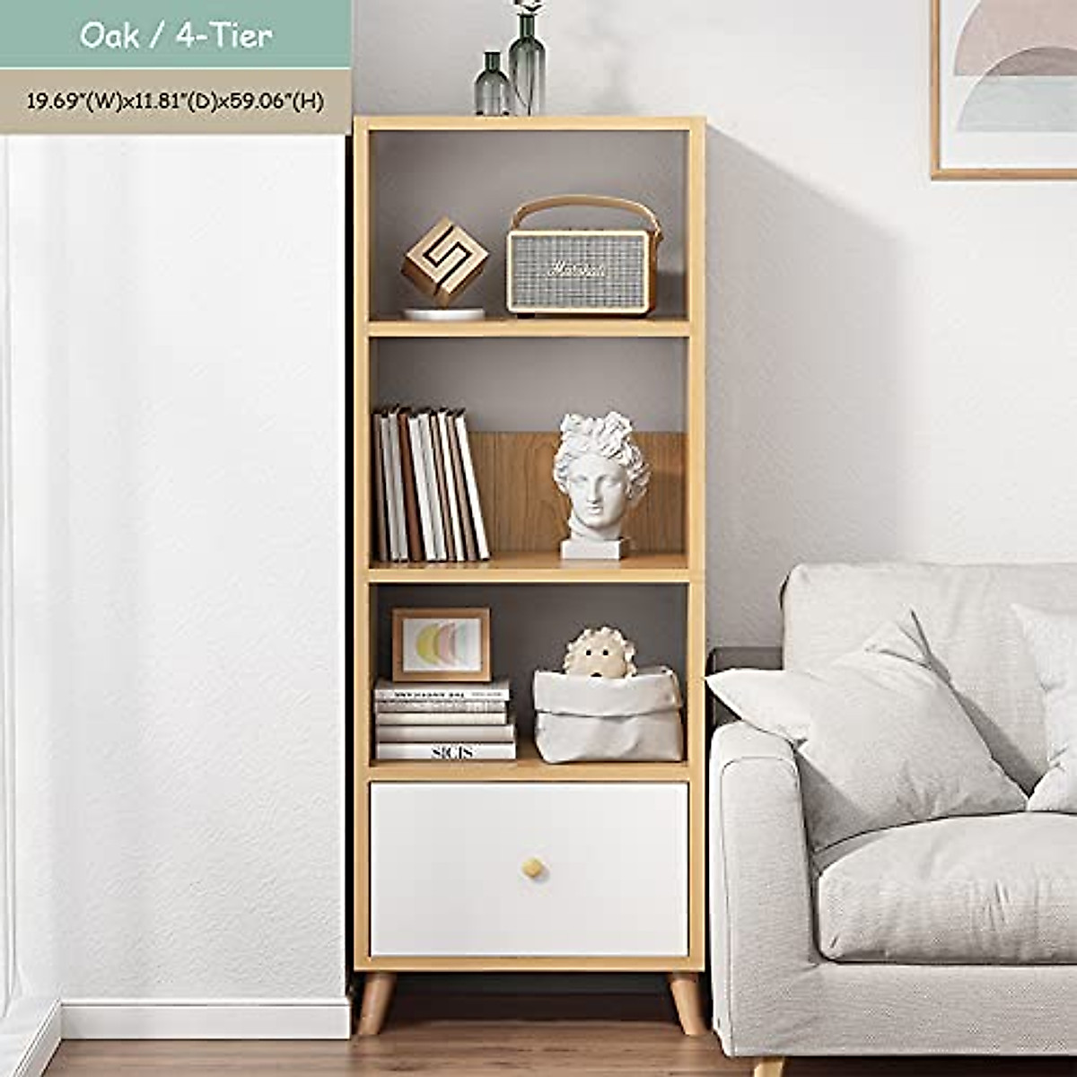 IOTXY 4-Tier Open Shelves Bookcase - 59 Inches Height Modern Floor Standing Cubes Wooden Mid Bookshelf with Storage Drawer and Legs, Oak