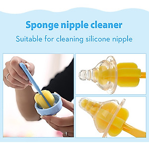 Baby Bottle Brush Set, Baby Bottle Cleaner, Harbiss Rotary Baby Bottle Cleaning Brush with Nipple Cleaner and Straw Cleaner Brush and Additional Sponge Brush kit, No soapy Water Splashing, Blue