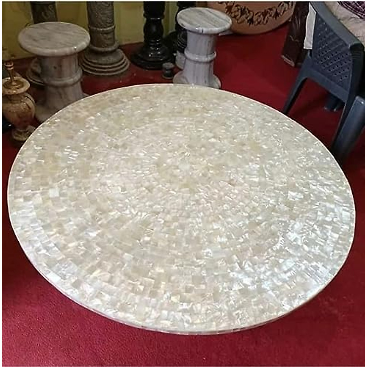 48 x 48 Inches Round Marble Dining Table Top Mother of Pearl Overlay Work Office Desk from Indian Cottage Crafts and Art