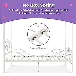 Best Choice Products 4-Post Metal Canopy Twin Bed Frame for Kids Bedroom, Guest Room w/Heart Scroll Design, 14-Slat Support System, Headboard, Footboard - White