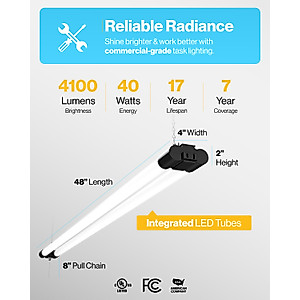 Sunco 8 Pack Linkable LED Utility Shop Light, 4500 LM, 6000K Daylight Deluxe, 4 FT, 48 Inch Integrated Fixture for Garage, 40W Equivalent 150W, Surface + Suspension Mount, Black