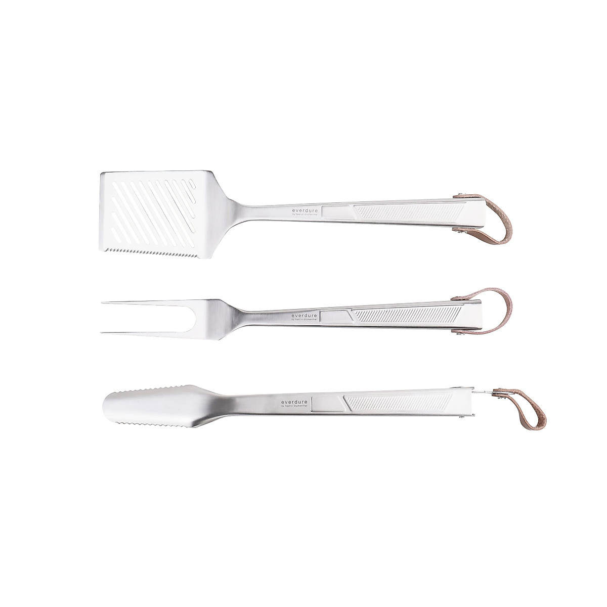 Everdure BBQ Tool Kit - 3 Pack, Brushed Stainless Steel Tongs, Spatula and Fork with Soft Grip Handles and Leather Straps, Barbeque Grill Accessories and Cooking Utensils Set