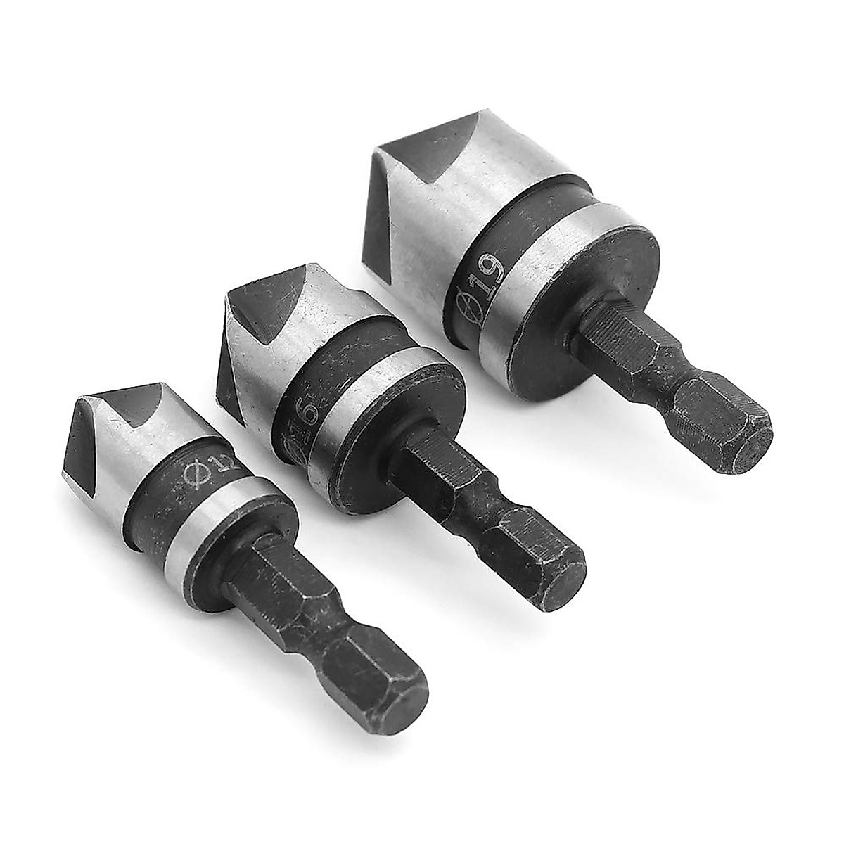 Buwico 1/4" Hex Shank 12mm/16mm/19mm Countersink Drill Bit 5 Flute 90 Degree Woodworking Countersink Bits