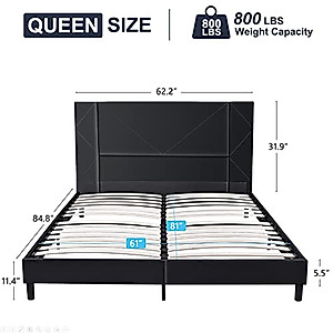 ASECAM Queen Size Bed Frame, Black Velvet Upholstered Platform Bed with Full Headboard, Mattress Foundation, Strong Wood Slat Support Bed Frames, No Box Spring Needed, Noise Free,Easy Assembly
