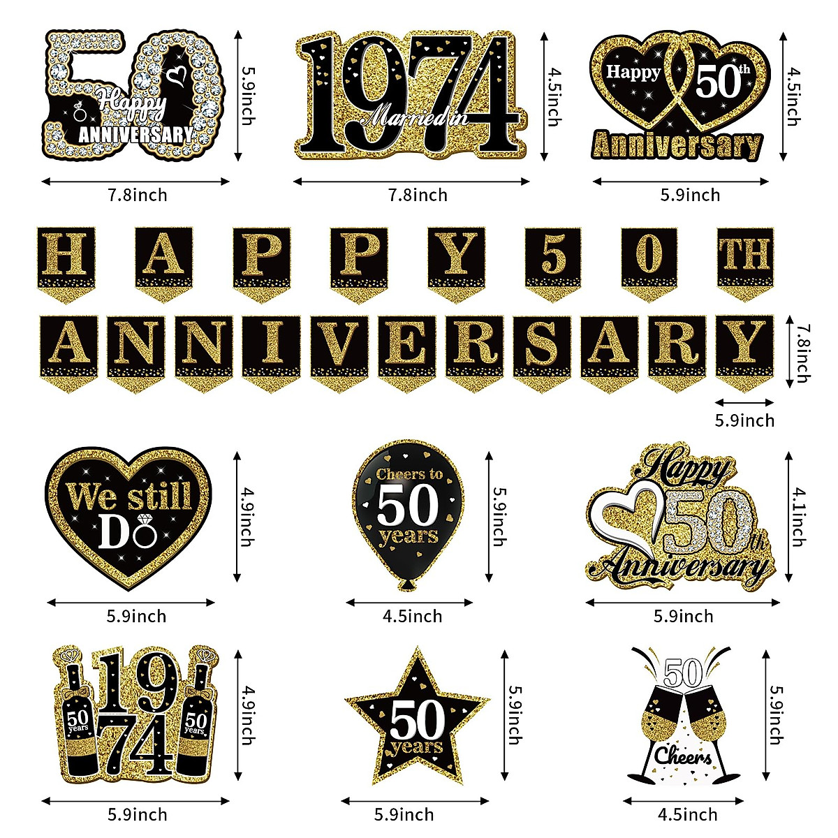Bumqviy 50th Anniversary Decorations, 10pcs Happy 50th Wedding Anniversary Vintage 1974 Banner Centerpieces Kit, Cheers to 50 Years We Still Do Anniversary Ceiling Table Topper Sign Party Supplies