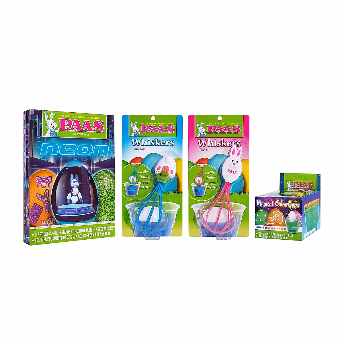 PAAS Neon Egg Decorating Kit Bundle Includes Neon Kit, 2 Whisker Egg Dippers, 5 Color Cups 1 ea