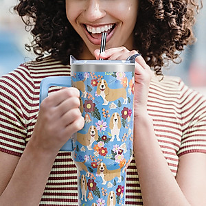 owbgsdh Basset Hound Gifts for Women Dog Lovers 40 oz Floral Basset Hound Tumblers with Handle and Straw, Stainless Steel Vacuum Insulated Travel Coffee Mug Cup Water Bottle