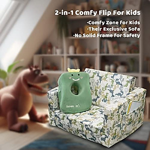 Truwelby Kids Sofa, Children's 2 in 1 Convertible Sofa to Lounger - Extra Soft Flip Open Chair & Sleeper, Cute Dinosaur Print Toddler Chair Kids Couch for Kids Girls Boys