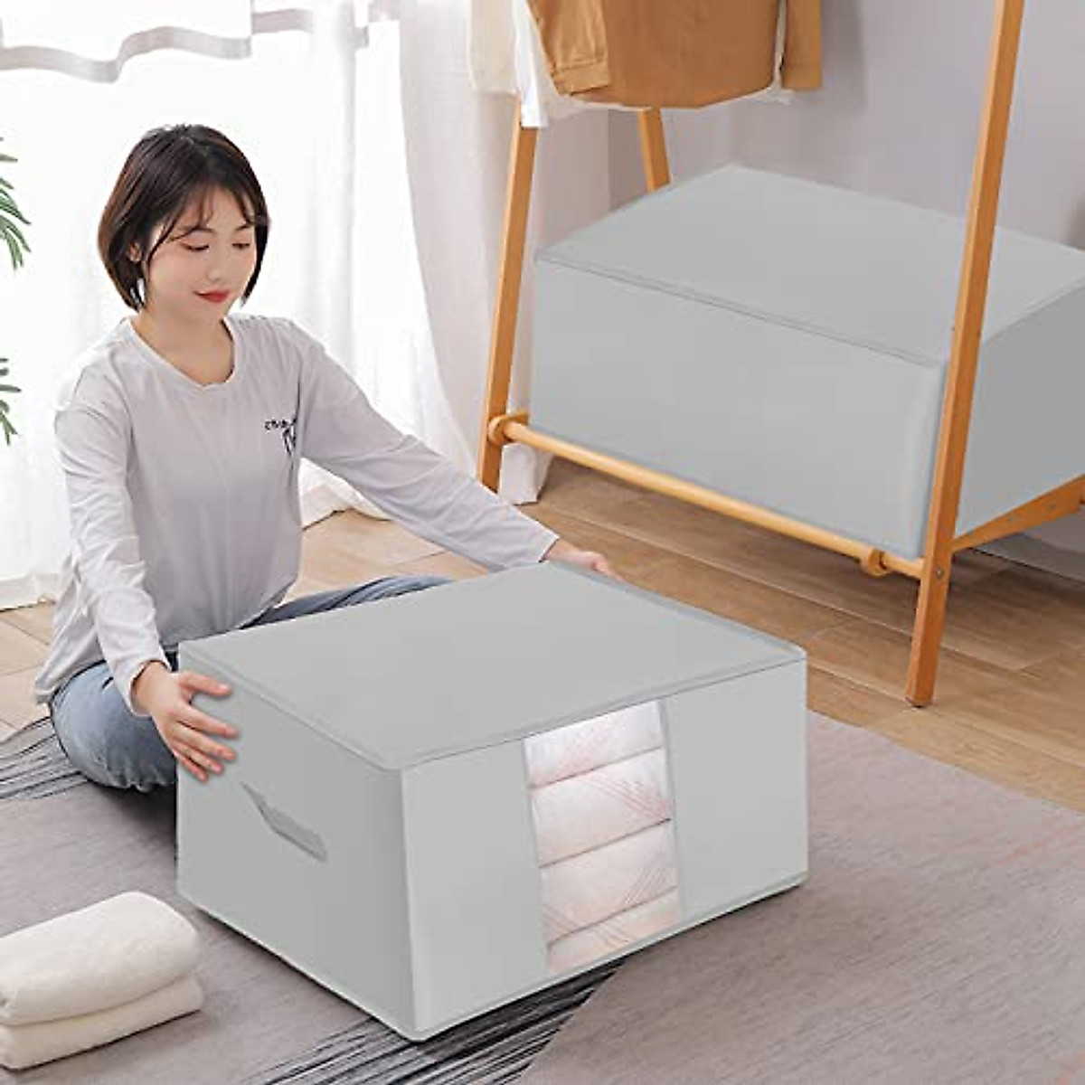 ZenTiky 3 Packs Large Clothes Storage Bag, Double Zipper Clothes Organizer with Clear Window for Store Quilt, Blanket, Pillow, Bed Sheet, Jacket (XL + L + M)