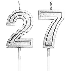 27th Birthday Candles Cake Numeral Candles Happy Birthday Cake Candles Topper Decoration for Birthday Wedding Anniversary Celebration Supplies (Silver)