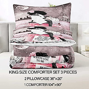 LUVIVIHOME Black Girl Magic Comforter Set for Women, Pink King Size Comforter, African Girl Bedding Sets, Eiffel Tower Beach Romantic Paris Bedroom Decor for Teen Girls, 1 Quilt and 2 Pillowcases