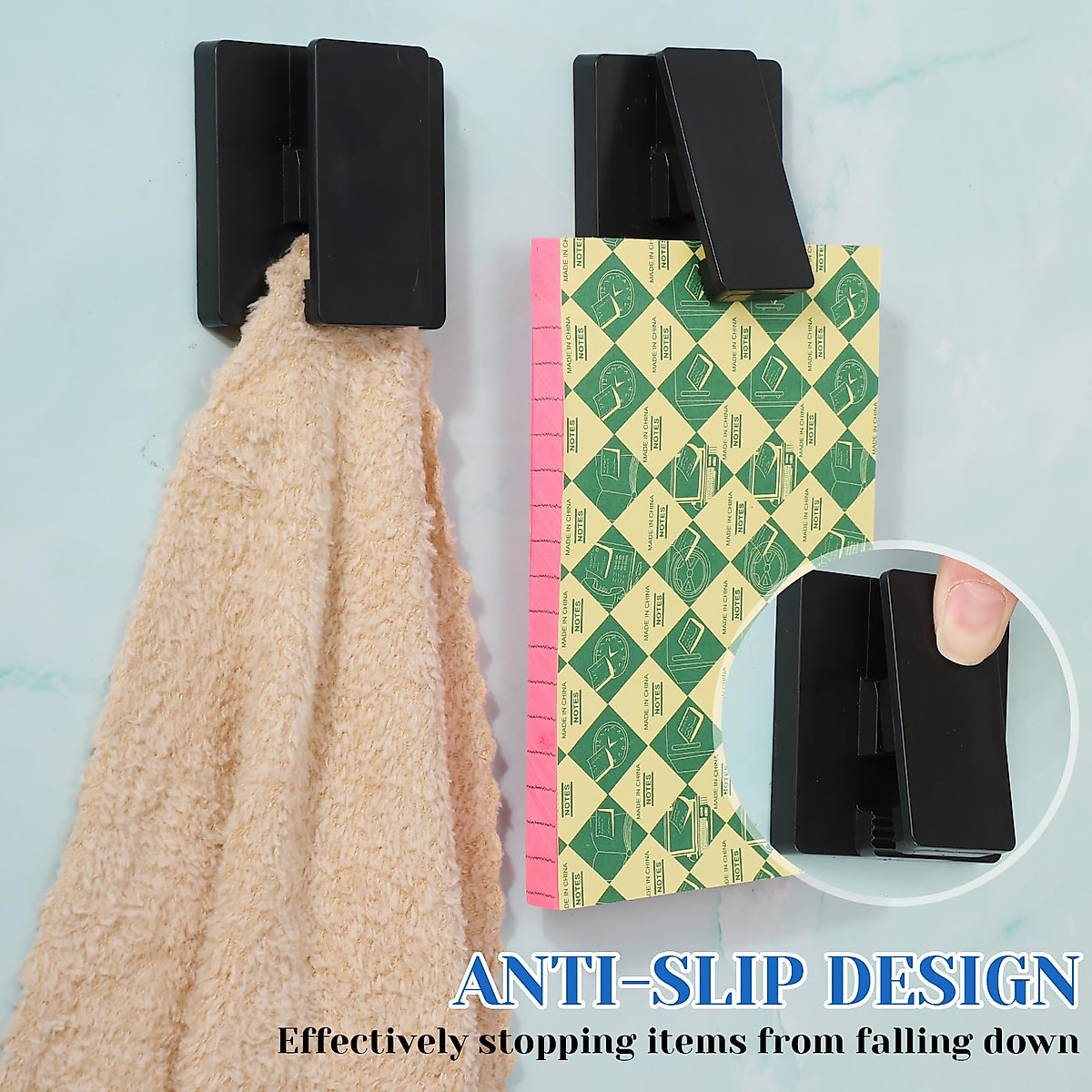 Briwooody 8 Pcs Large Self Adhesive Clips Spring Clip Hook Adhesive Wall Clips Anti Slip Hanging Clips No Drilling Adhesive Towel Holder Adjustable Spring 15 mm for Bathroom Kitchen Home Hotel (Black)