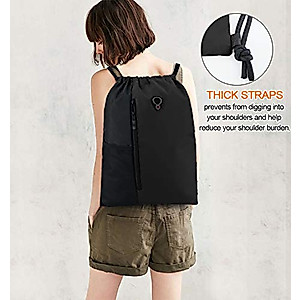 BeeGreen Black Drawstring Backpack Gym Bag For Men Women String Sports Backpack With Water Bottle Mesh Pockets And 2 Zippered Pocket Large Cinch Sackpack Workout Bag 16" x 20"