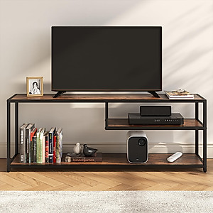 TECHMILLY Modern TV Stand for 65" TV, TV Table with Storage Shelves, Entertainment Center with Metal Frame, TV Console Table for Living Room, Bedroom, Rustic Brown