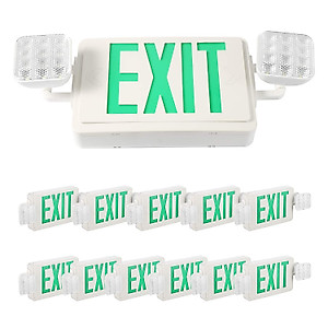 SPECTSUN 12 Pack Green Led Exit Sign with Emergency Lights & Battery Backup Operated Powered Emergency Exit Lights-Double Face -UL Listed 120277VAC Fire Exit Signs Lighting for Room.Window.