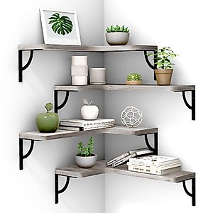 Canupdog Corner Floating Shelf Wall Mount 4 Tier Wood Floating Shelves, Easy-to-Assemble Tiered Wall Storage, Wall Organizer for Bedrooms, Bathrooms, Kitchens, Offices (Rustic White)