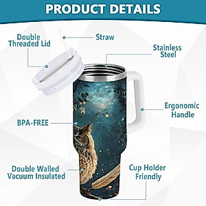 Maunzc 30 oz Tumbler with Handle and Straw, Insulated Stainless Steel Travel Mug with Lid for Coffee, Iced Tea, Water, Gift for Men Women (Owl Quill Night)