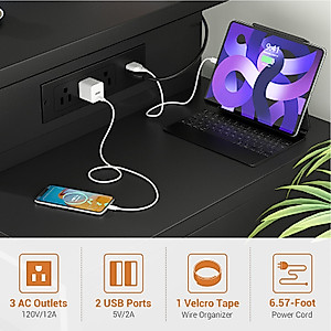 Computer Desk with 2 Fabric Drawers - Reversible Home Office Desk with Power Outlet & LED Lights, 53" Writing Desk with Monitor Stand & Storage Shelves, Gaming Desk Study Table with Pegboard, Black