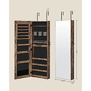 SONGMICS Jewelry Cabinet Armoire, Lockable Wall-Mounted Storage Organizer Unit with 2 Plastic Cosmetic Trays, Full-Length Frameless Mirror, Textured Brown UJJC001X01