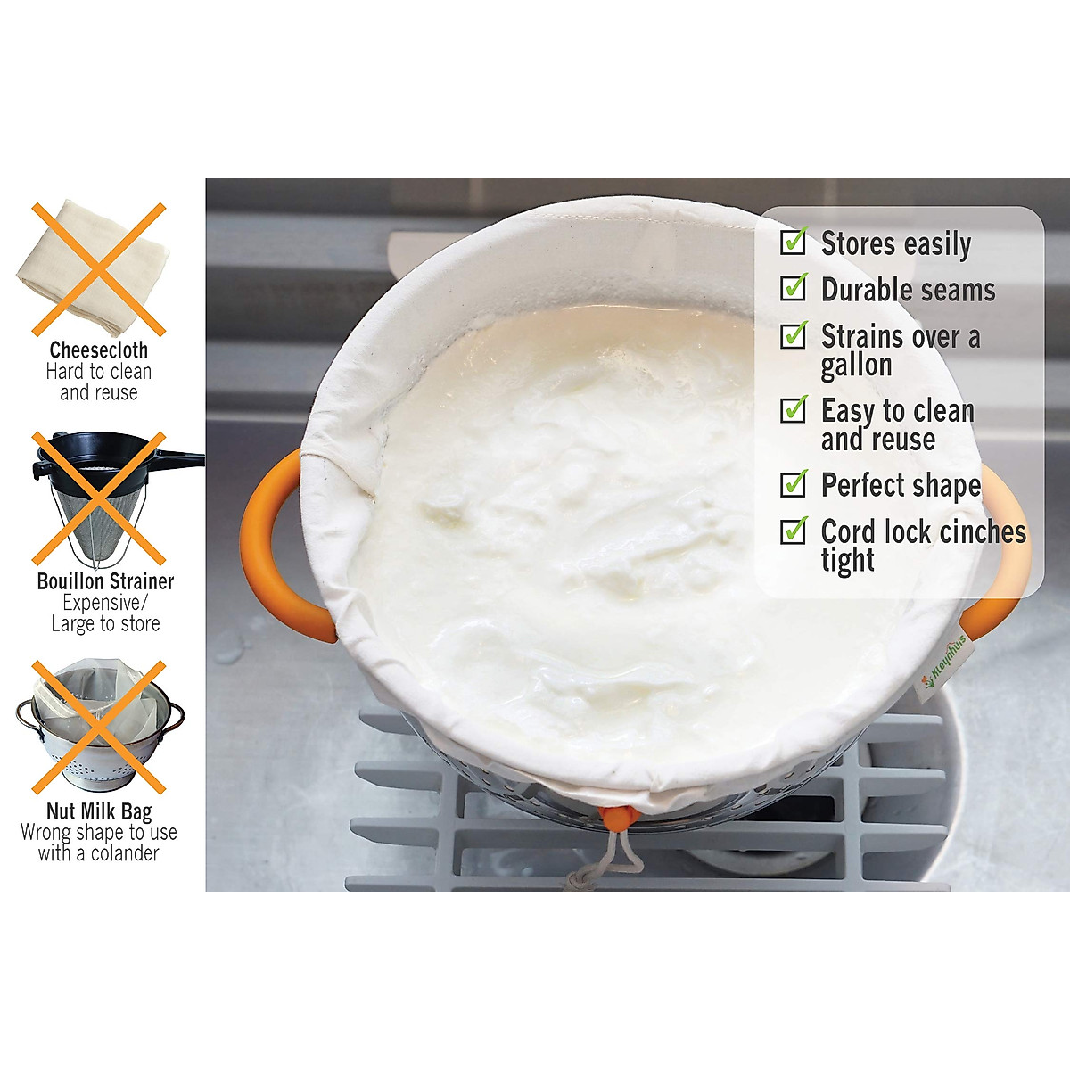 Kleynhuis Greek Yogurt Strainer Pouch, Organic Cotton (16"X9") / Reusable Cheesecloth Alternative