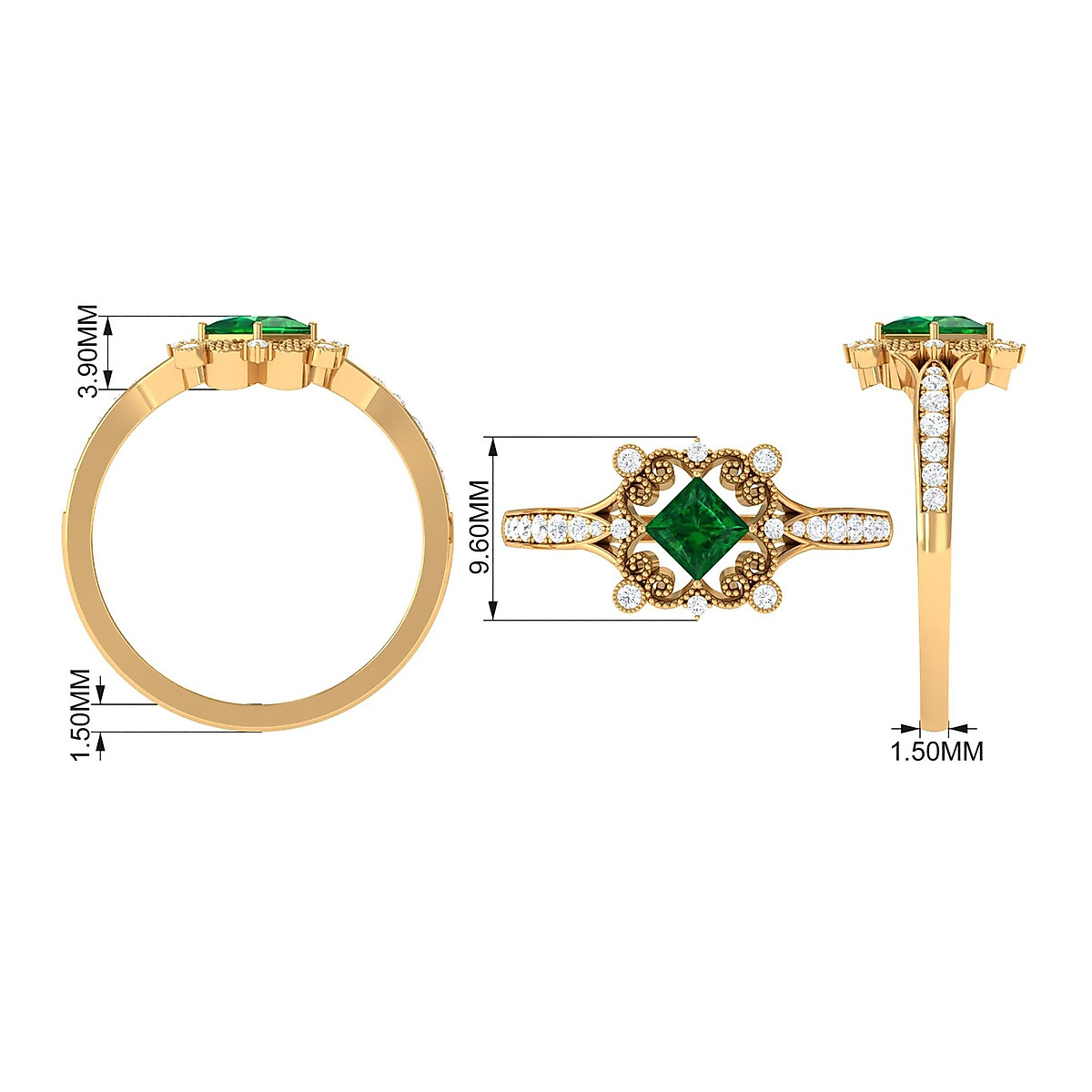 Rosec Jewels Certified Emerald Vintage Inspired Engagement Ring, AAA Quality, Natural Emerald Diamond Art Deco Ring, 14K Yellow Gold, Size:US 7.00