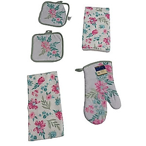 JABECS 5 Pieces Spring Flowers 2 Pot Holder 2 Kitchen Towels 1 Cooking Oven Mittens. (5, Polyester, Microfiber, Cotton)