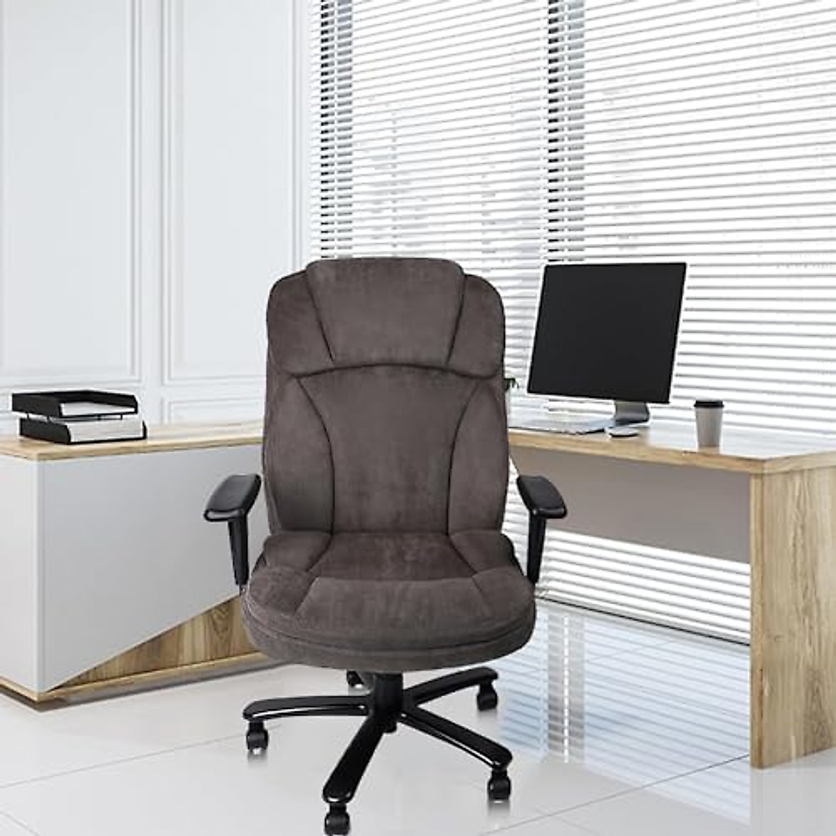 CLATINA Ergonomic Velvet Big and Tall Executive Office Chair with Upholstered Swivel 400lbs High Capacity Adjustable Height Thick Padding Headrest and Armrest for Home (Brown)