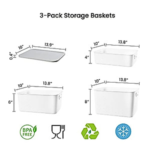 vacane Plastic Storage Bins with Lids Set of 3, Stackable Organizer Lidded Basket with Writable Label for Organizing, Sturdy Containers for Shelves Pantry Office School/S+M+L/White