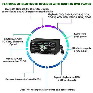 Technical Pro 4000 Watts Professional Bluetooth Home Audio Receiver w/Built-in DVD Player, Dual 1/4'' Mic and USB SD Inputs, Volume and Echo Controls, Remote Included, for Karaoke, Parties and More