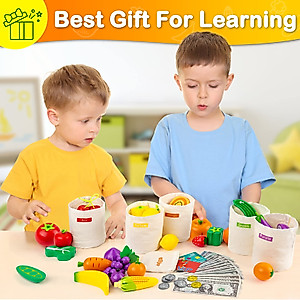69 Pcs Wooden Play Food Sets for Kids Kitchen, Pretend Food Toys for Toddlers, Play Kitchen Toys, Fake Fruit/Vegetable Accessories with Sorting Bag, Play Money, Birthday Gifts for Boys Girls Age 3+