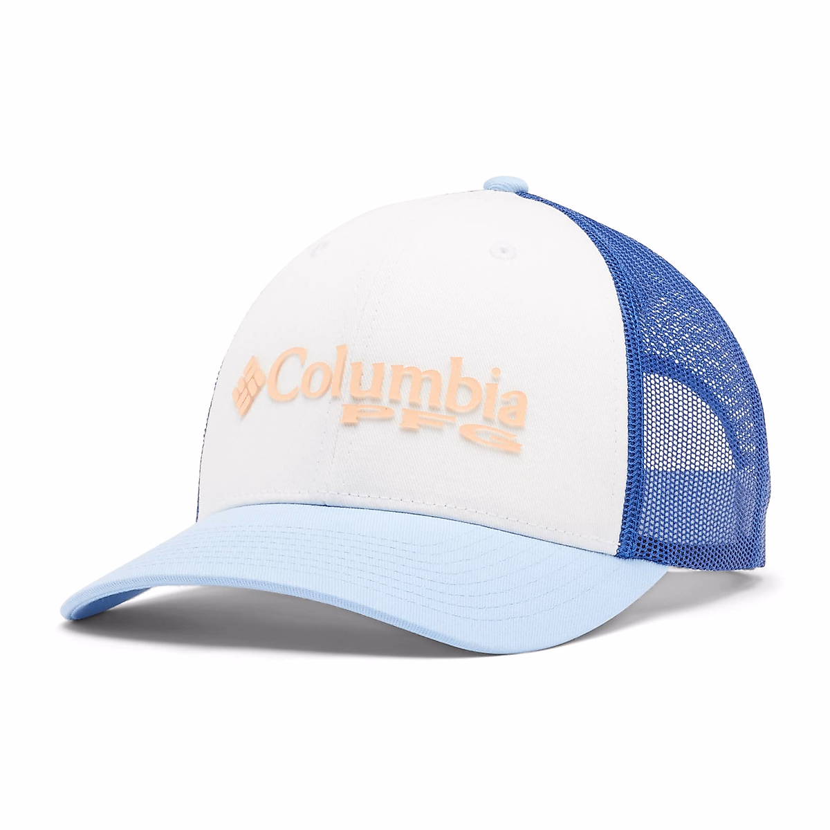 Columbia PFG Logo Ball Cap, Breathable, Adjustable, White/Vivid Blue/Sail/PFG, One Size