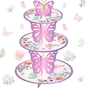Butterfly Party Cupcake Stand for Girls Pink 3-Tier Cake Stand Baby Shower Spring Butterfly Birthday Party Table Cake Holder Decorations for Kids Cupcake Stands Butterfly Theme Decorations Supplies