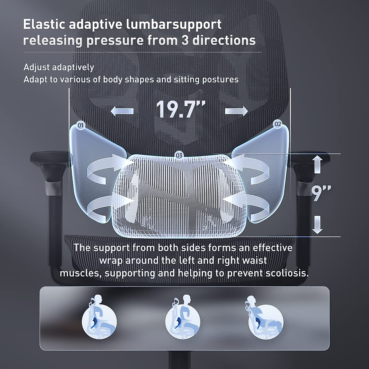 Hbada Ergonomic Office Chair with Elastic Adaptive Lumbar Support, High Back Office Chair with High-Density Mesh, Backrest Height Adjustable Desk Chair with 3D Armrests and Footrest, Black