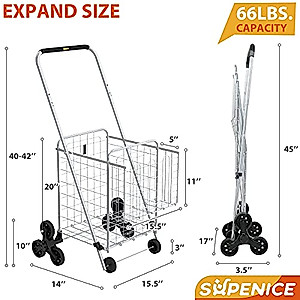 Supenice Grocery Shopping Cart with Wheels Deluxe Stair Climber Utility Cart Easily Collapsible Cart with Tri-Wheels, 66 LBS Capacity, Extended Foam Cover, Trolley for Shopping, Stair, Laundry