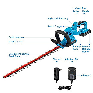 WISETOOL Cordless Hedge Trimmer, 20V Electric Bush Trimmer with 22" Dual-Action Blades, 3/4" Cutting Capacity, Shrub Trimmer Include 2.0Ah Battery, Fast Charger and Protection Glasses