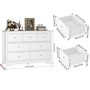 FOTOSOK White Dresser 7 Drawer with 19'' Deeper Depth, 47.2'' White Chest of Drawers Modern Dresser with Metal Handles, White Dresser Chest of Drawers with Large Drawer Storage Space for Home