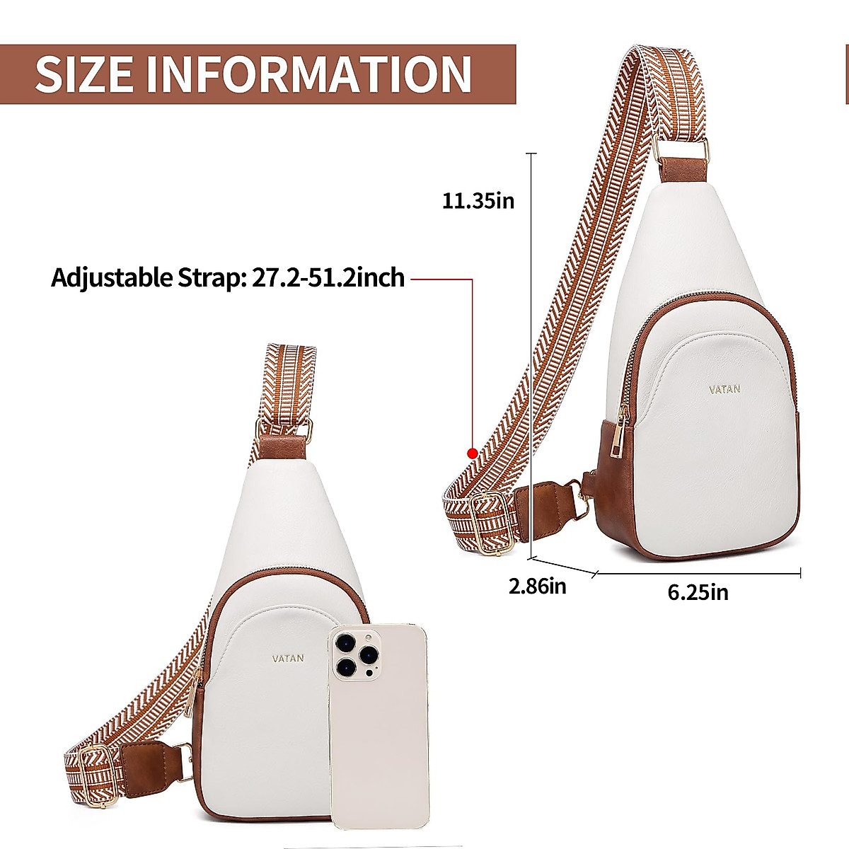 VATAN Small Sling Bag Women's Crossbody Fanny Packs Leather Crossbody Bags for Women (D-Brown with White)