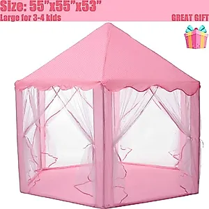 Princess Tent with Star Lights for Girls, Kids Tent Indoor or Outdoor Playhouse Toys, Pink Play Tent, 55" x 53" Castle Gifts for Kids Toddlers 3 4 5 6 7 8 9 10 Years Old
