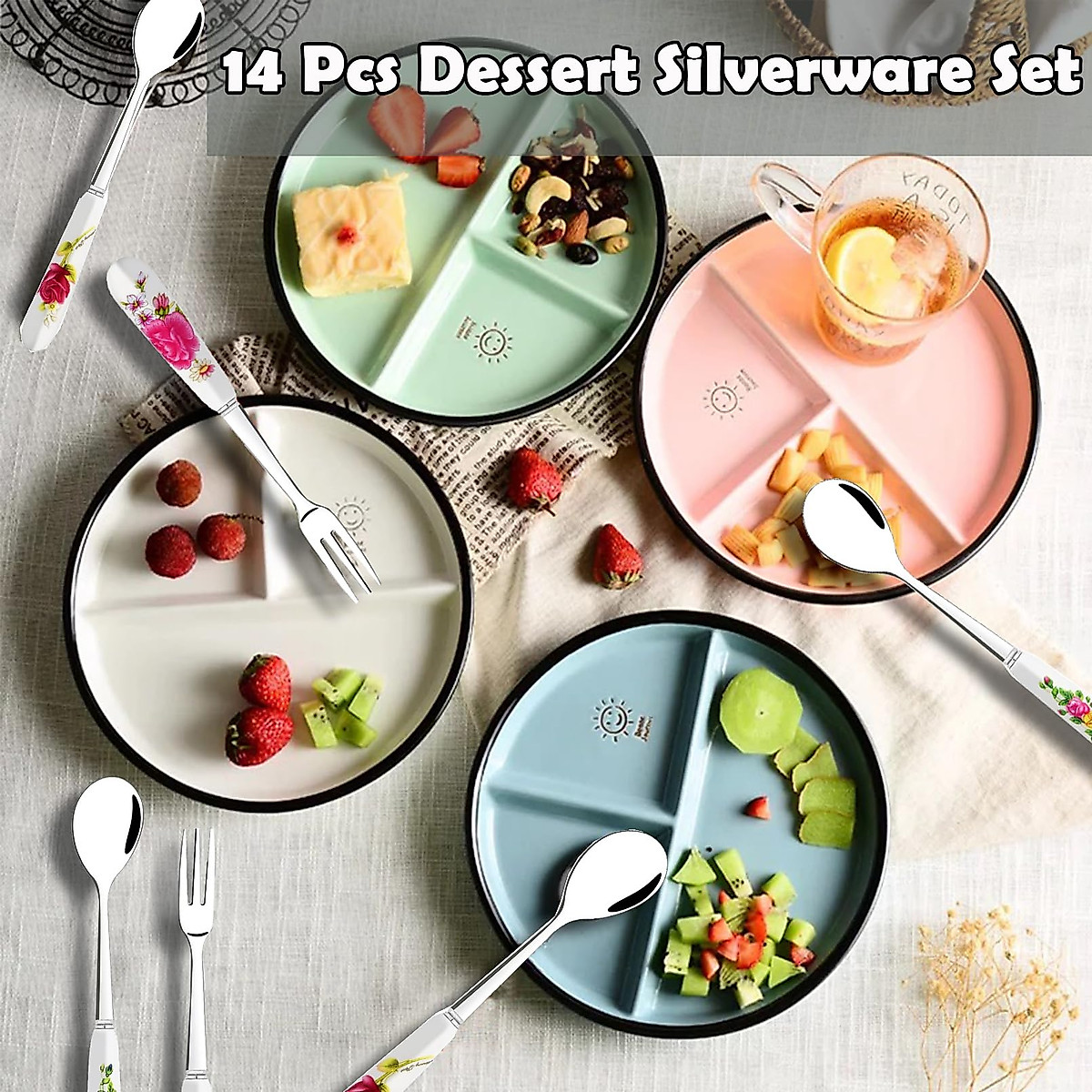 xlehoely 14 Pcs Dessert Forks and Spoons Silverware Set,Stainless Steel Cutlery Forks,Mini Coffee Spoons Pastry Forks with Porcelain Handles,Cake Forks Tea Spoons for Dessert Appetizers,Salad,Fruit
