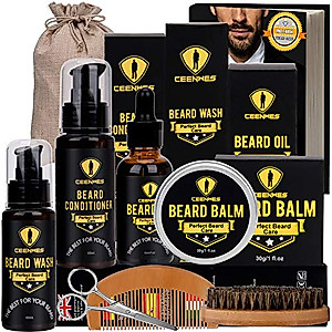 Ceenwes Upgraded Beard Grooming Kit with Beard Conditioner ,Beard Oil, Beard Brush, Beard Comb, Beard Balm, Beard Shampoo, Beard & Mustache Scissors Storage Bag, Beard Growth & Trimming Kit for Men Care Perfect Christmas Gifts for Dad/Boyfriend