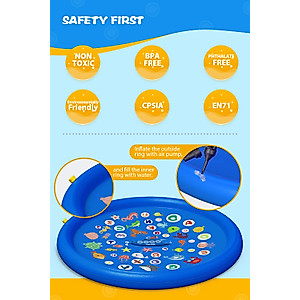 QPAU Inflatable Splash Pad Sprinkler for Kids, Sprays Up to 96 inch, Baby Kids Pool for Learning, Inflatable Water Toys, 60" Outdoor Swimming Pool for Babies and Toddlers(Blue)