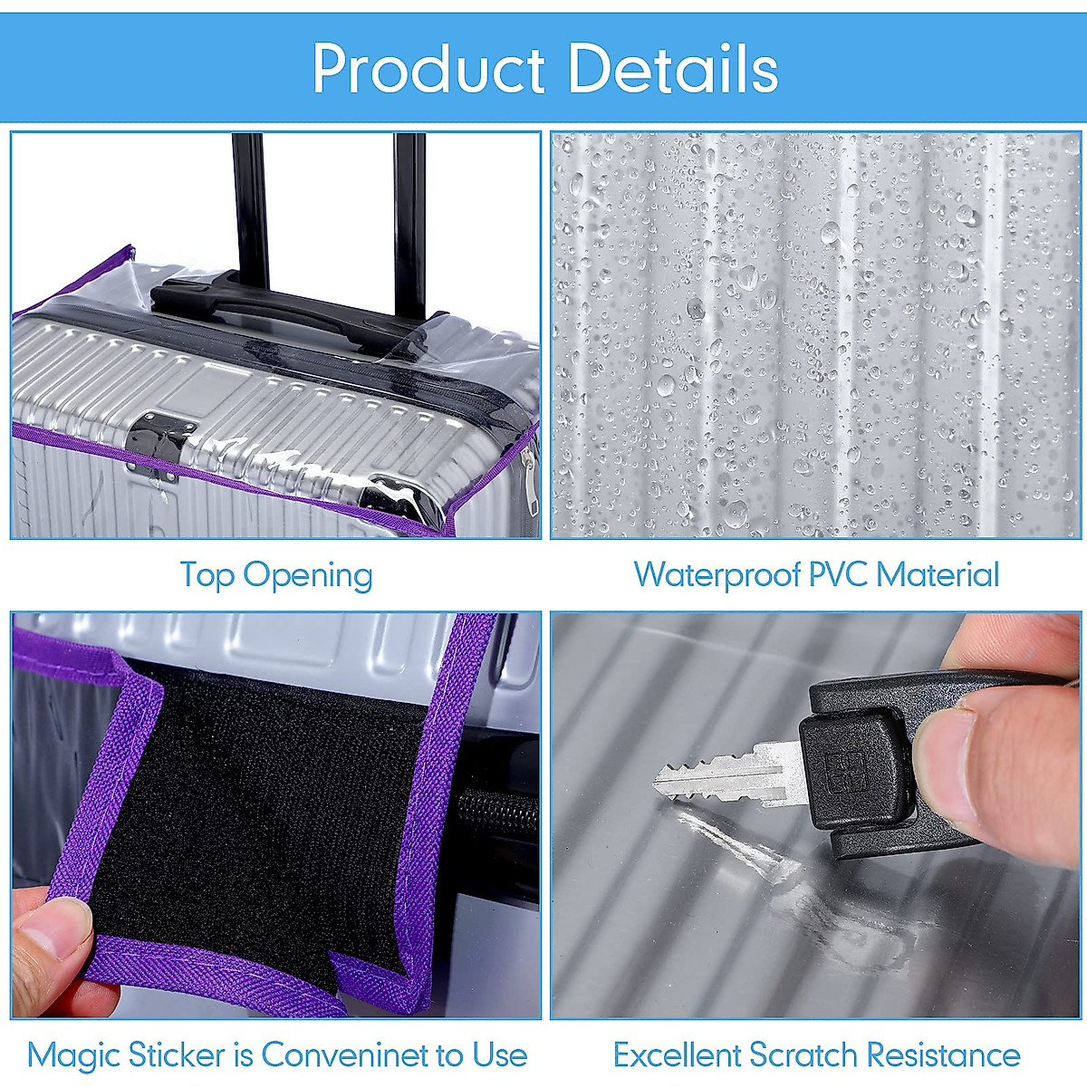 3 Pcs PVC Luggage Cover Waterproof Transparent Suitcase Cover Thicken Luggage Protector for Travel, Fits 20" 24'' 28" Luggage (Purple)