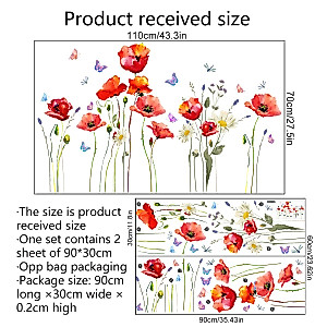 Red Poppy Flowers Wall Decals Daisy Floral Butterfly Wall Stickers DIY Removable Green Leaf Plant Flower Wall Art Decor for Kids Girls Bedroom Living Room Nursery Playroom Decoration DT-MS091