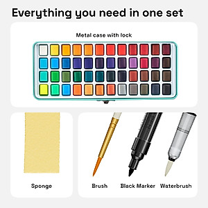 ARTISTRO Watercolor Paint Set, 48 Vivid Colors in Portable Box, Including Metallic and Fluorescent Colors. Perfect Travel Watercolor Set for Artists, Amateur Hobbyists and Painting Lovers