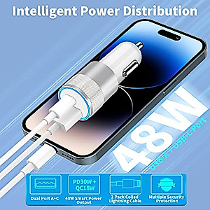 [Apple MFi Certified] iPhone Fast Car Charger, Caiinei 48W Dual PD/QC3.0 USB-C Power Car Charge Adapter + 2 Pack 6FT Coiled Lightning Cable Quick Car Charging for iPhone 14 13 12 11 Pro Max/XS/XR/iPad